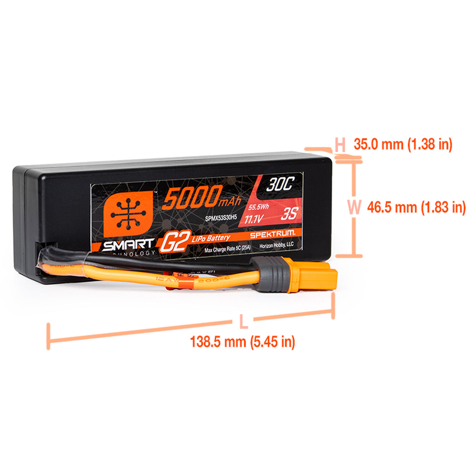 Spektrum Accessories 11.1V 5000mAh 3S 30C Smart G2 Hardcase LiPo Battery: IC5 | Horizon Hobby