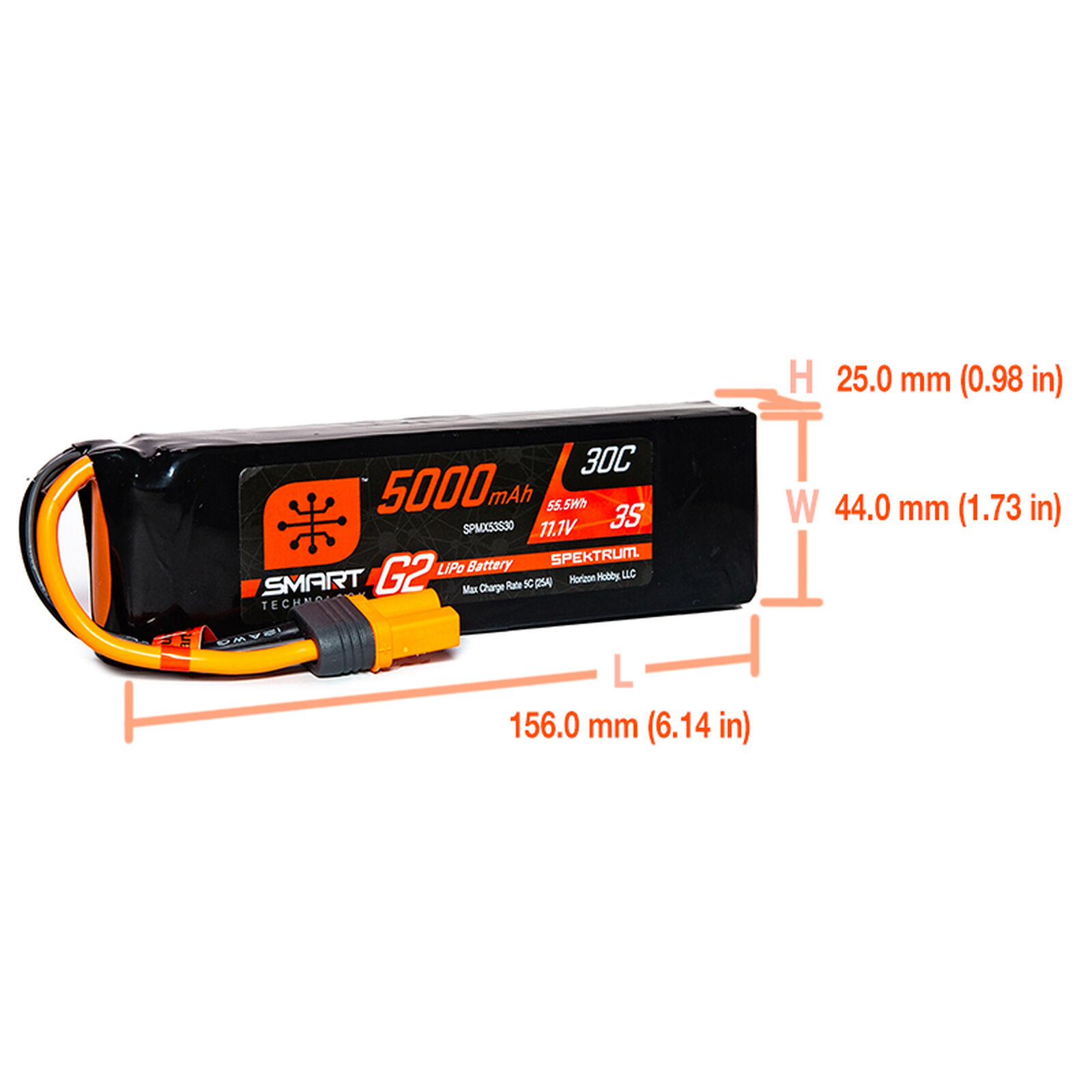 Spektrum Accessories 11.1V 5000mAh 3S 30C Smart G2 LiPo Battery: IC5 | Horizon Hobby