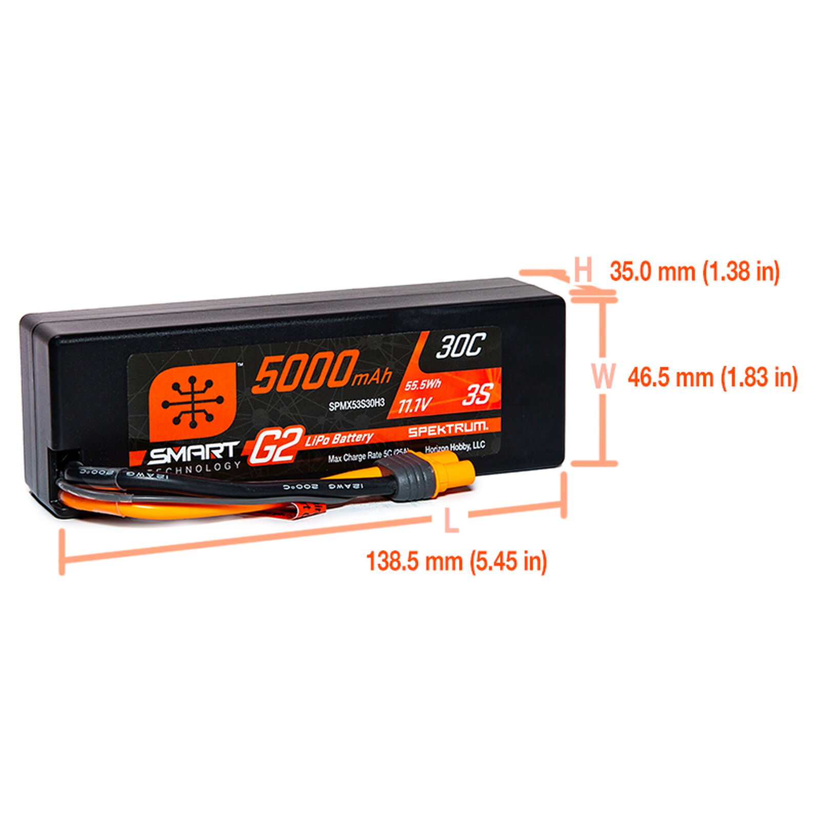 Spektrum Accessories 11.1V 5000mAh 3S 30C Smart G2 Hardcase LiPo Battery: IC3 | Horizon Hobby