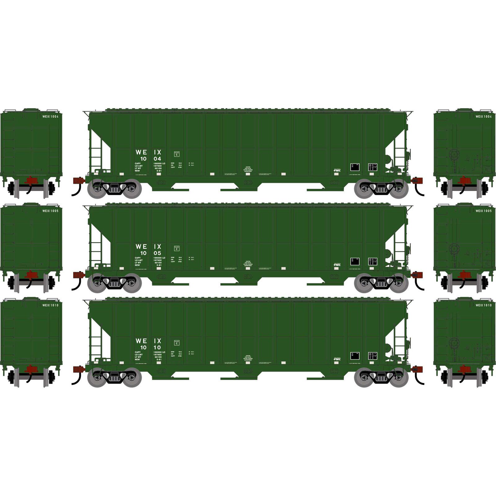 Athearn HO ATH FMC 4700 Covered Hopper, WEIX #1004/1005/1010 (3 ...