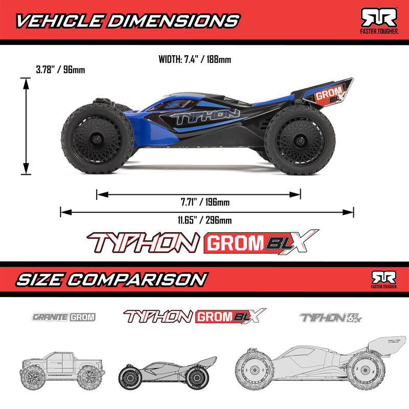 ARRMA 1/14 TYPHON GROM 223S DSC 4X4 RTR Brushless Buggy, Red (Battery ...