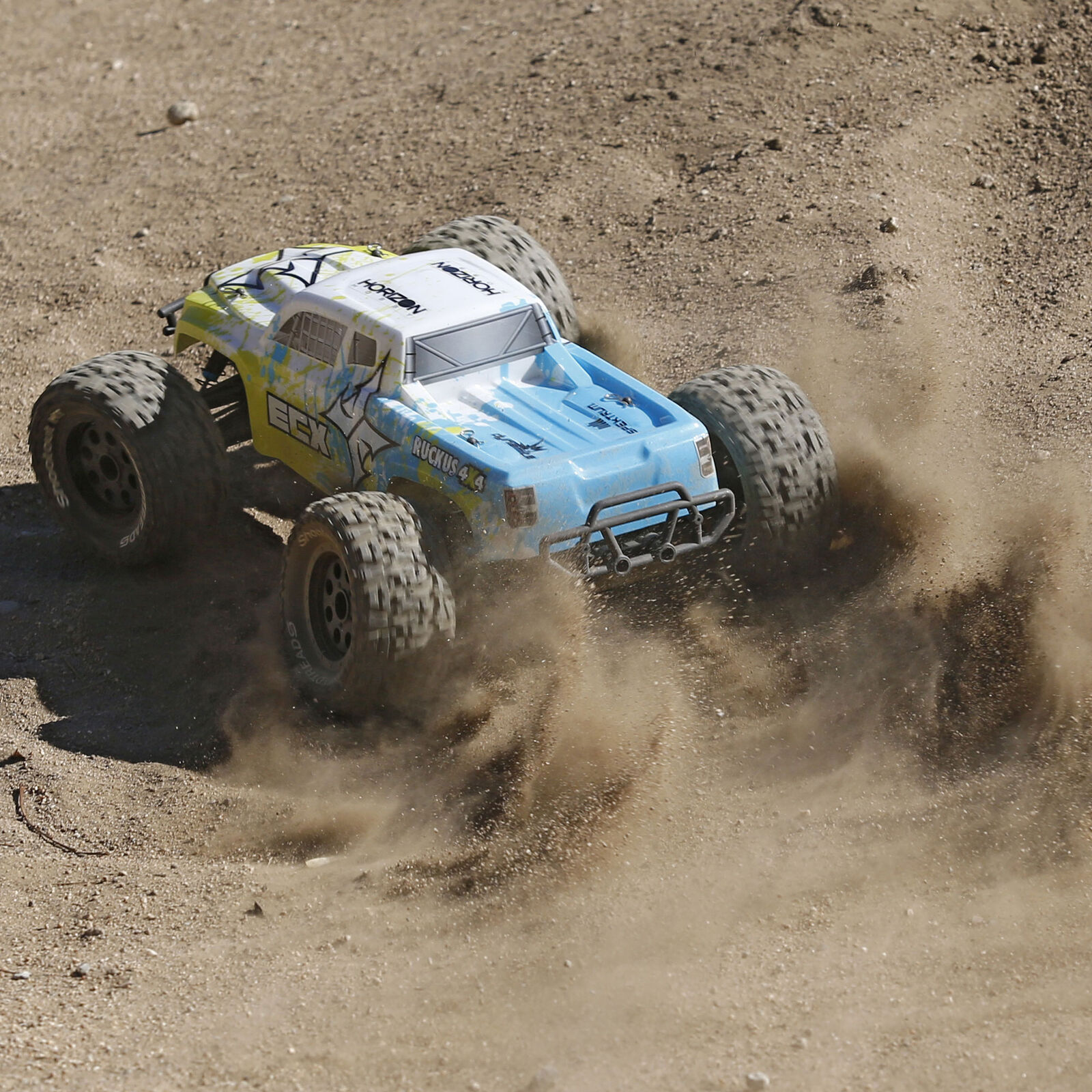 ECX 1/10 Ruckus 4WD Monster Truck Brushed RTR, Blue/Yellow | Horizon Hobby