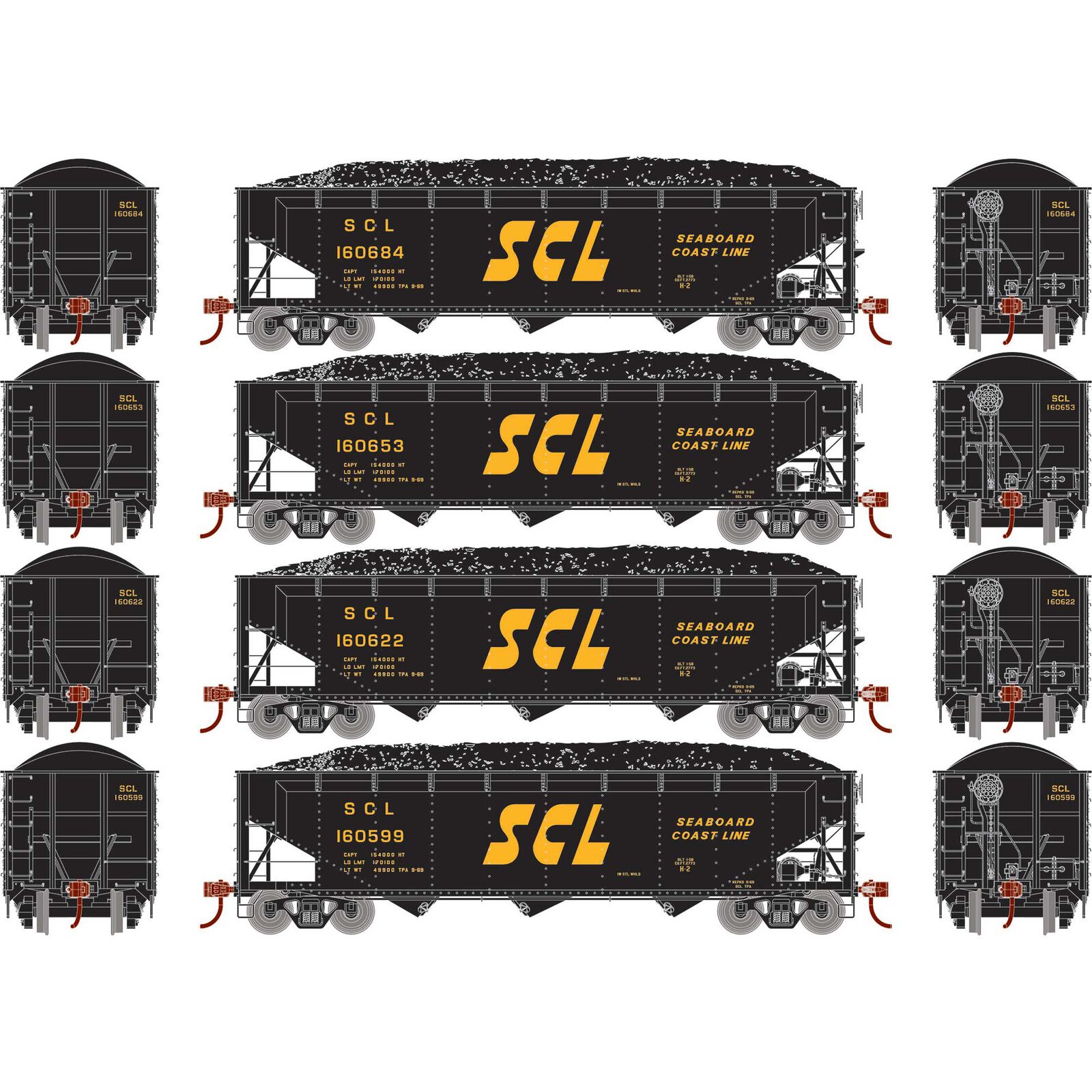 Athearn HO 40' Offset Coal Hopper with Load, SCL #1 (4) | Horizon Hobby