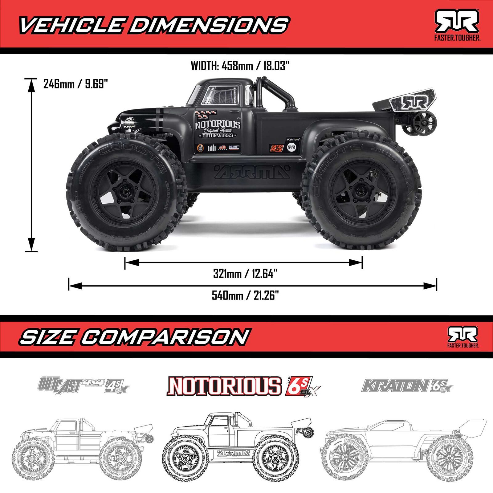 ARRMA 1/8 NOTORIOUS 6S 4X4 RTR Brushless Stunt Truck, Black | Horizon Hobby