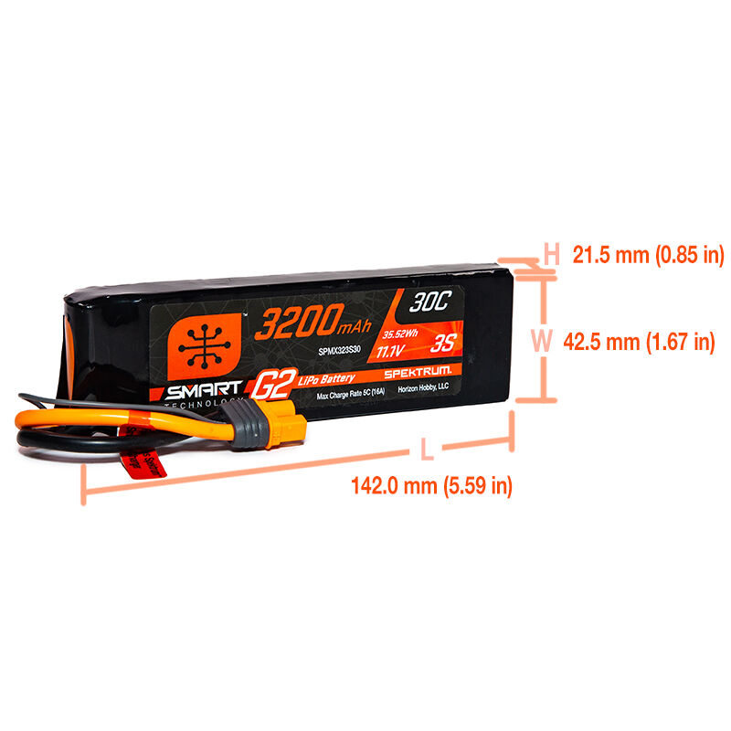 Spektrum Accessories 11.1V 3200mAh 3S 30C Smart G2 LiPo Battery: IC3 | Horizon Hobby